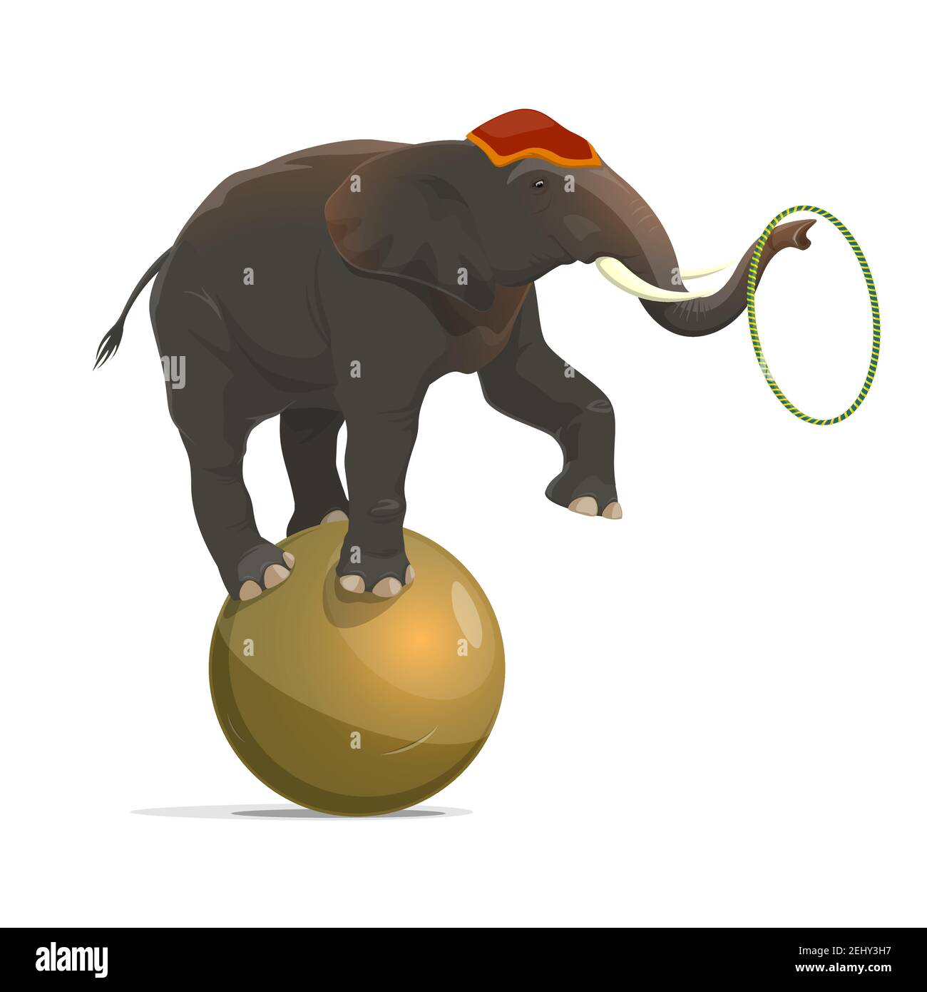 Circus elephant balancing on ball and juggling hoop on trunk with ...