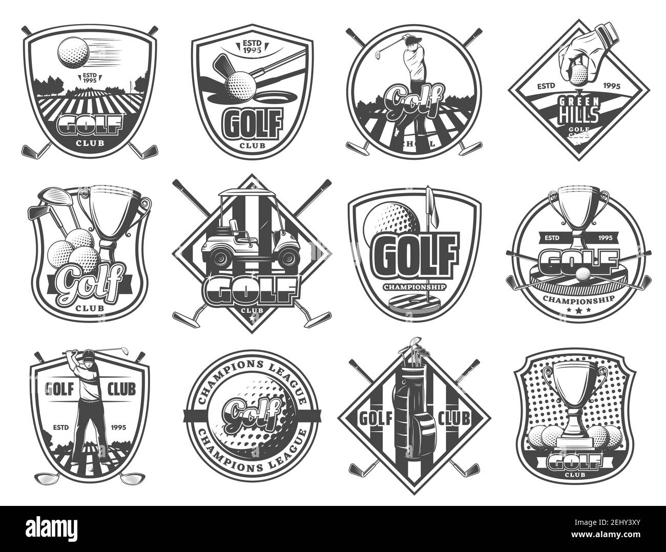 Golf club sport champioship icons. Vector herlaldic emblems and badges ...