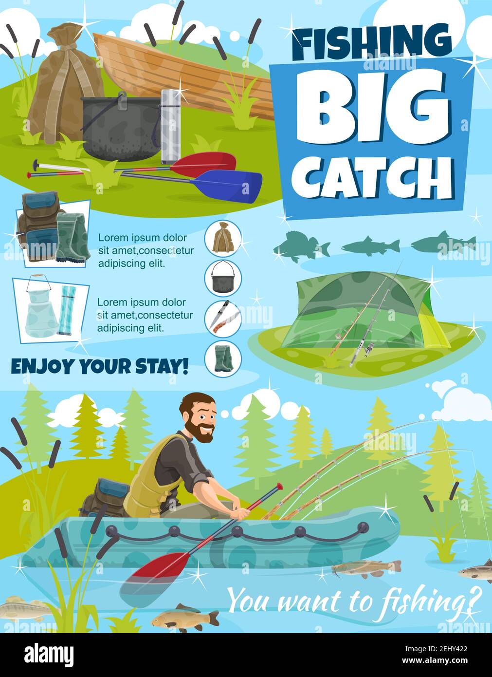 Big fish catch adventure on river or sea. Vector fisherman in ...