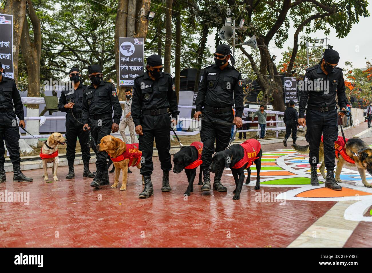 February 20, 2021, Dhaka, Dhaka, Bangladesh: RAB dog squad are standing ...