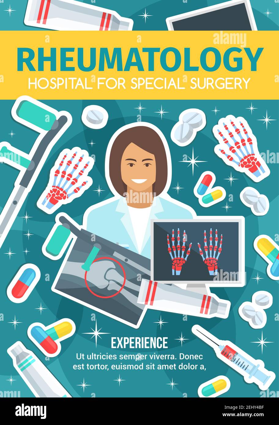 Rheumatology doctor and treatment, X-ray and pills. Crutch and ...