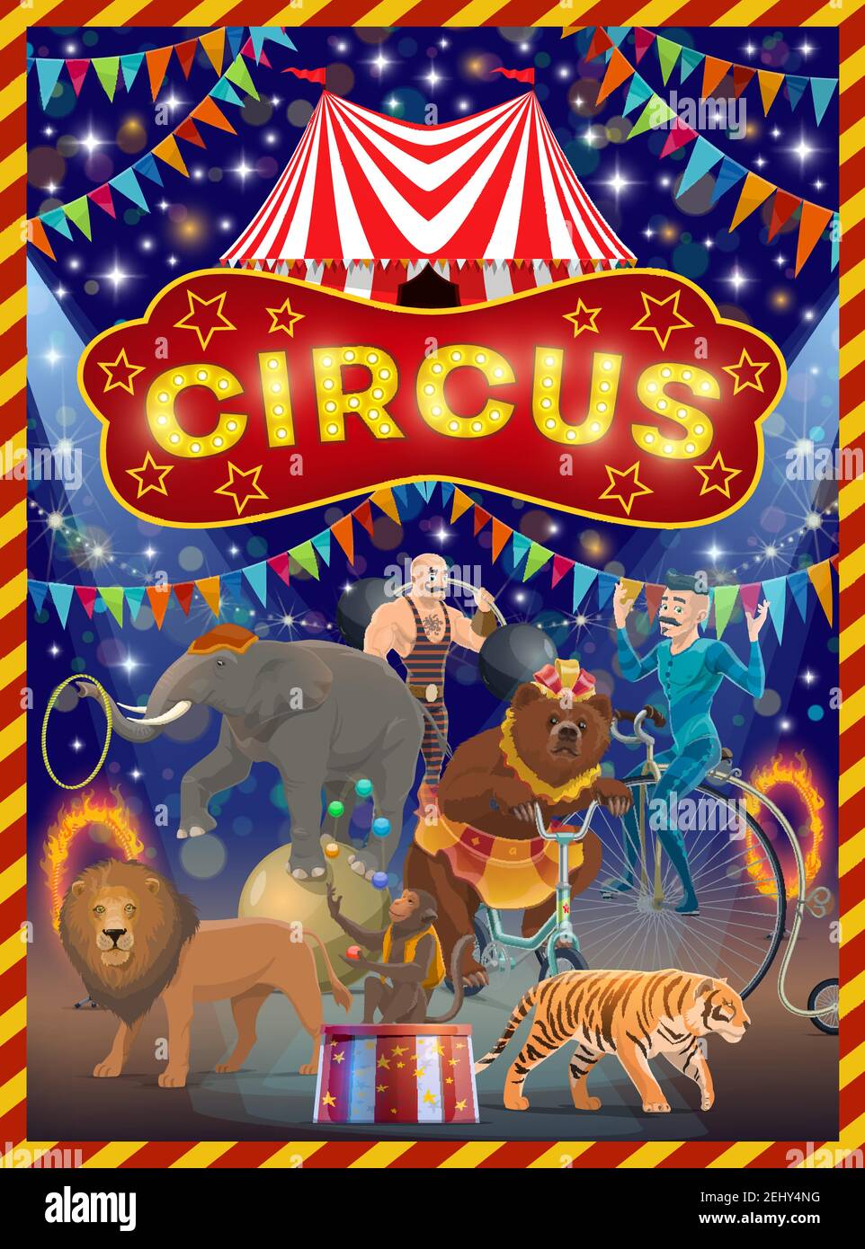 Circus show with performances of acrobats, animals and strongman vector ...