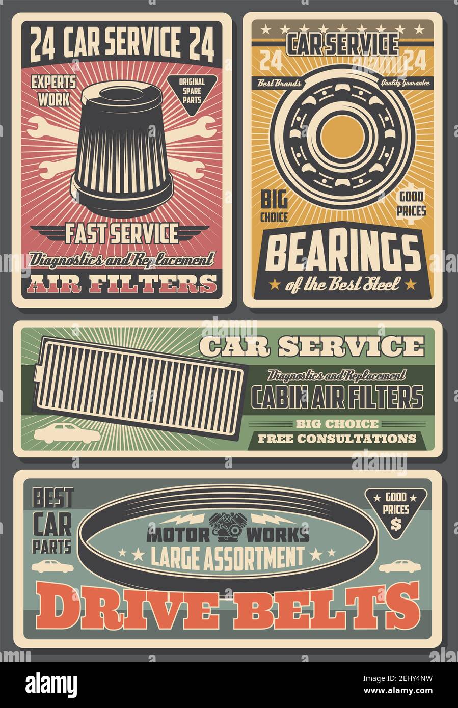 Auto spare parts at car repair service, garage station. Air filter and ...