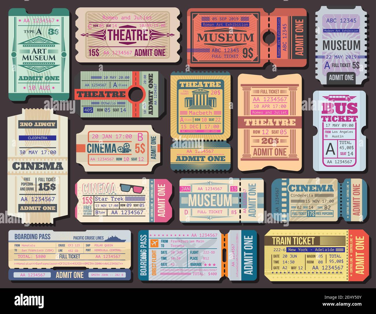 Cinema, museum and theatre tickets and boarding pass vector. Film show ...