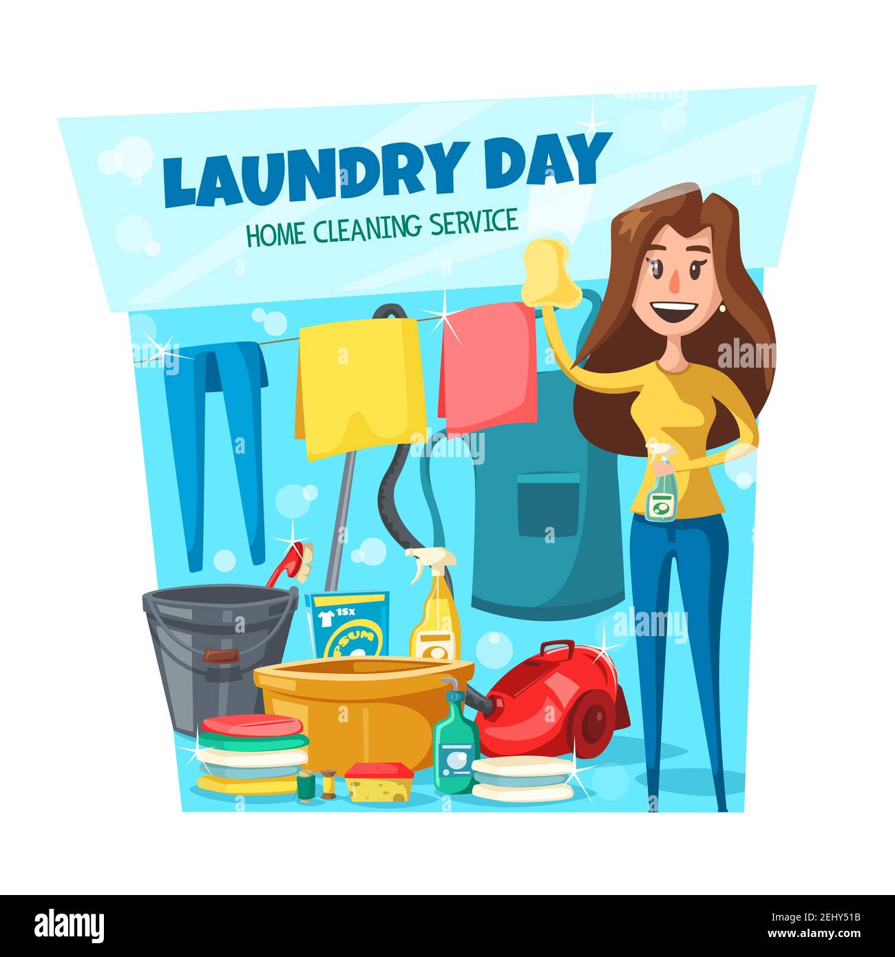 Laundry day, housewife or maid holding cloth and sprayer. Vector ...