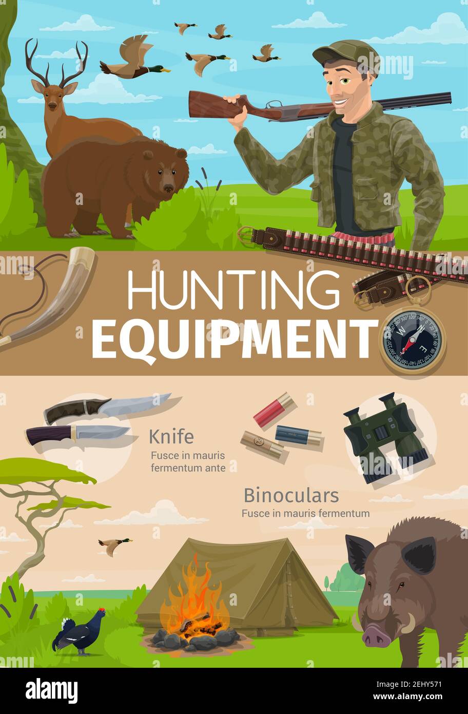 Hunting open season adventure and hunter equipment poster. Vector hunt ...