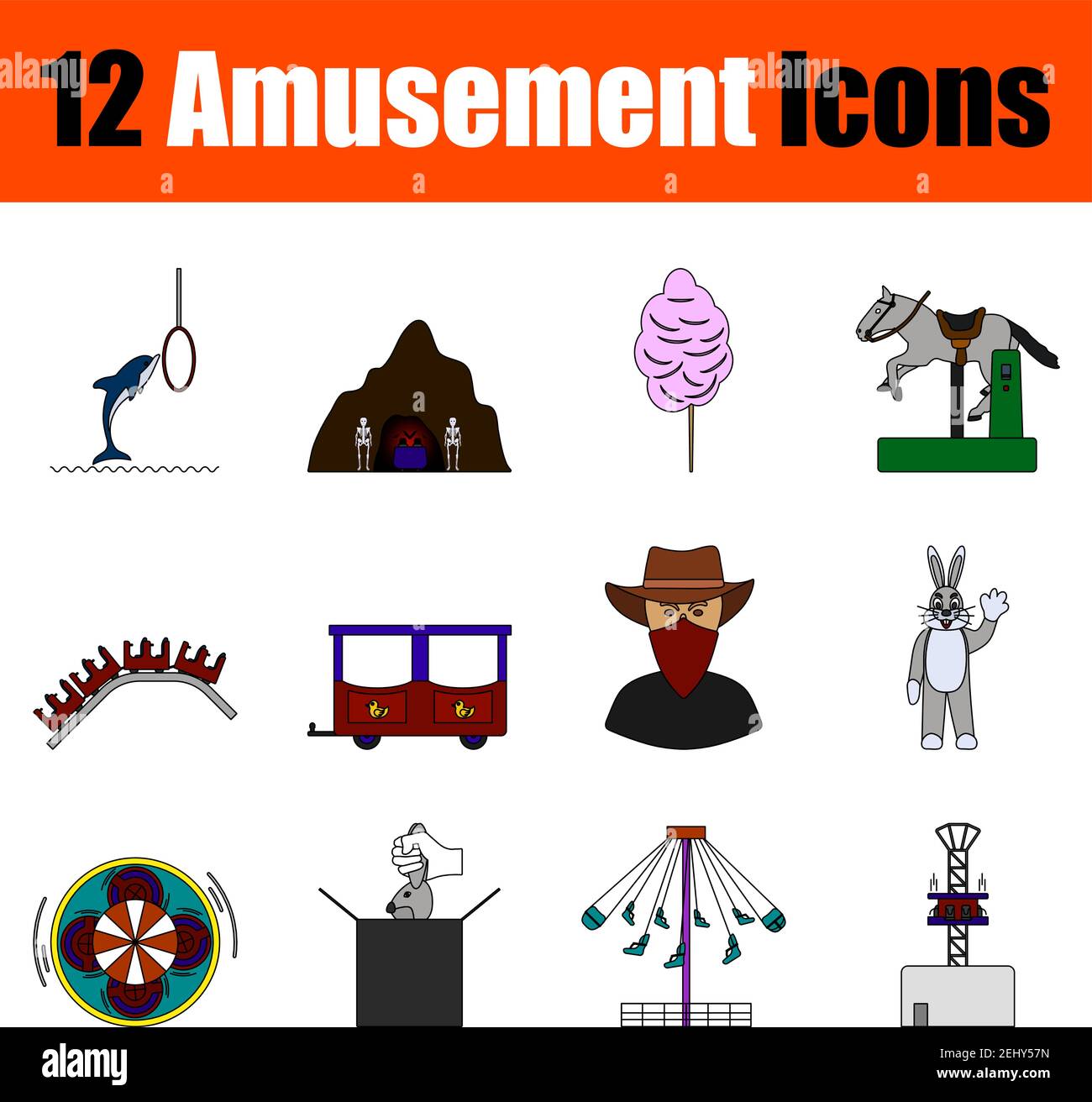 Amusement Icon Set. Flat Color Outline Design With Editable Stroke ...