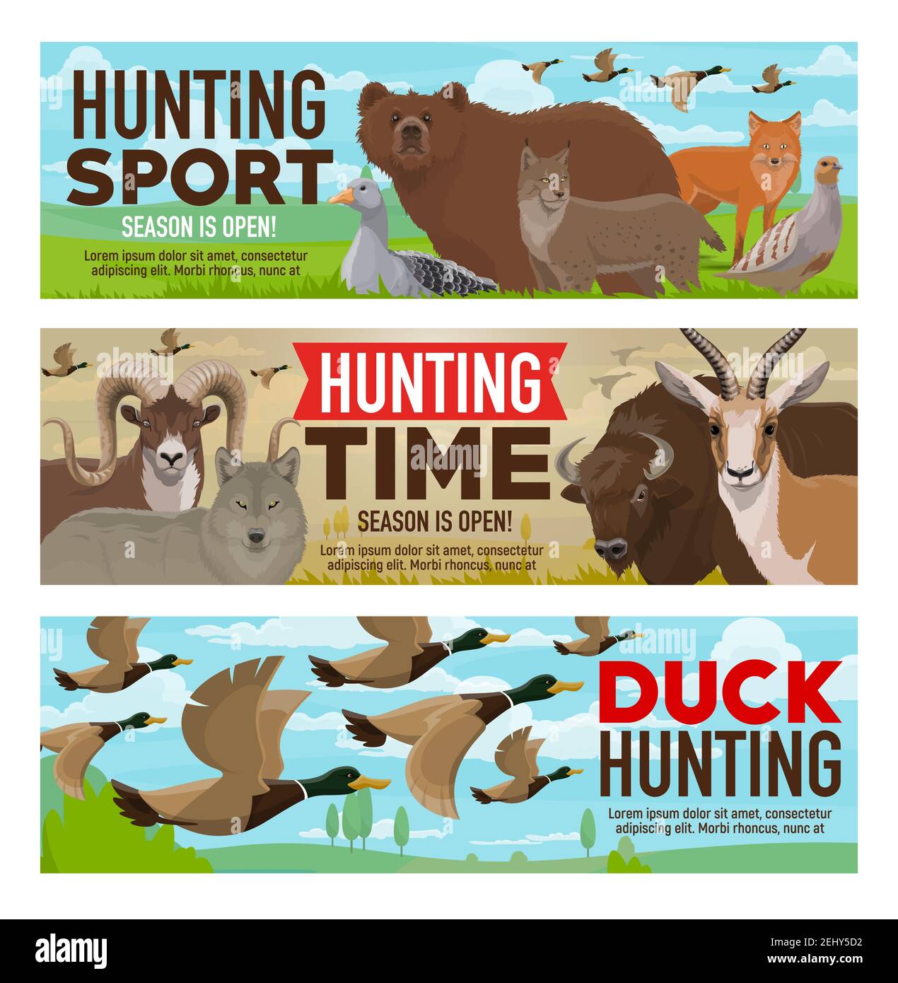 Hunting open season, wild animals and birds hunt adventure. Vector ...