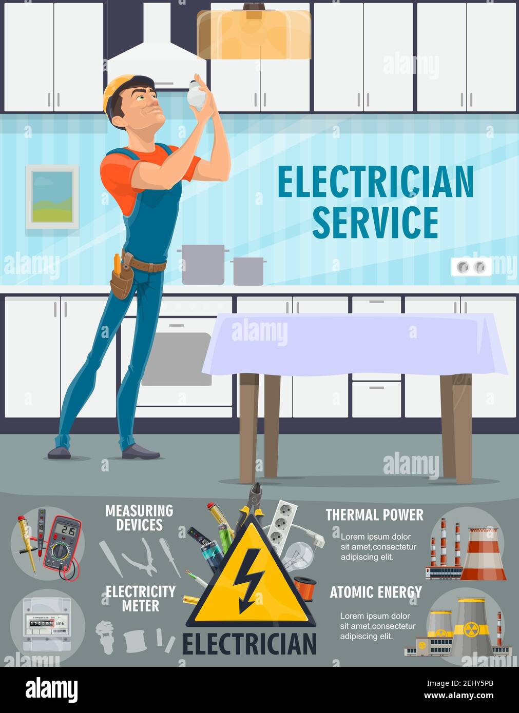 Electrician service, light bulbs replacement. Vector electrical devices ...