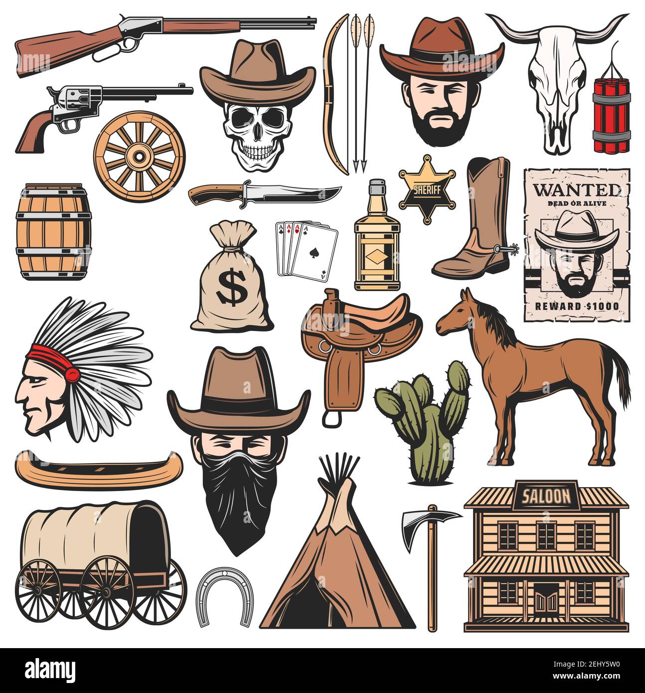 Wild West symbols and American Western icons. Vector sheriff star badge ...