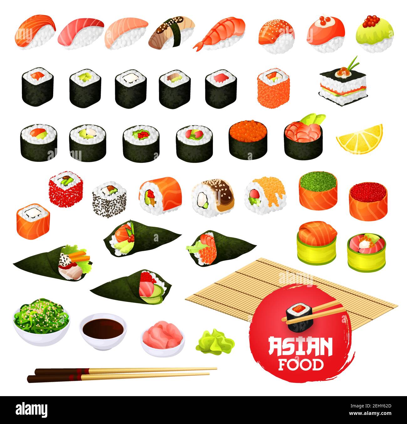 Sushi and rolls types, Japanese cuisine cooking. Vector temaki and ...