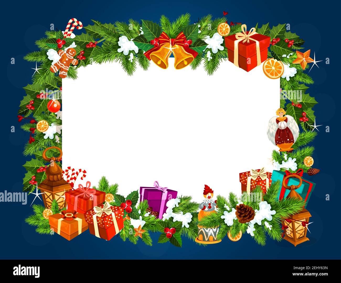 Christmas holiday frame with New Year gifts and Xmas tree. Christmas ...