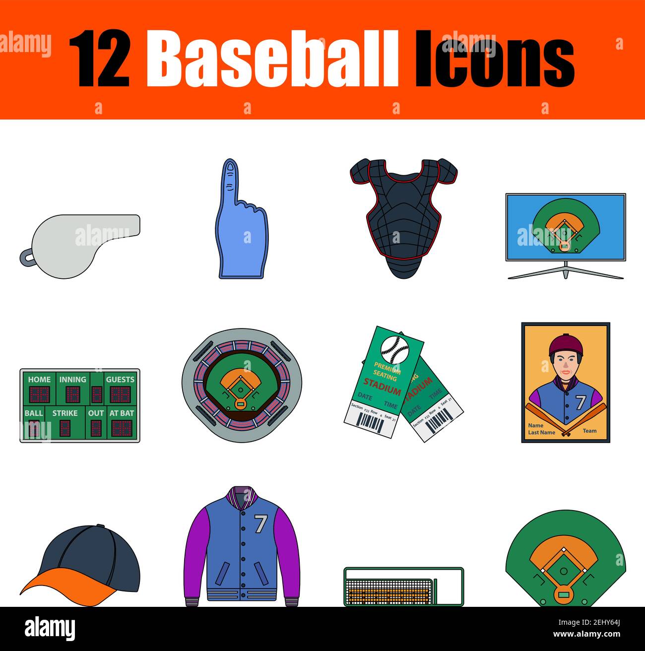 Baseball Icon Set. Flat Color Outline Design With Editable Stroke ...