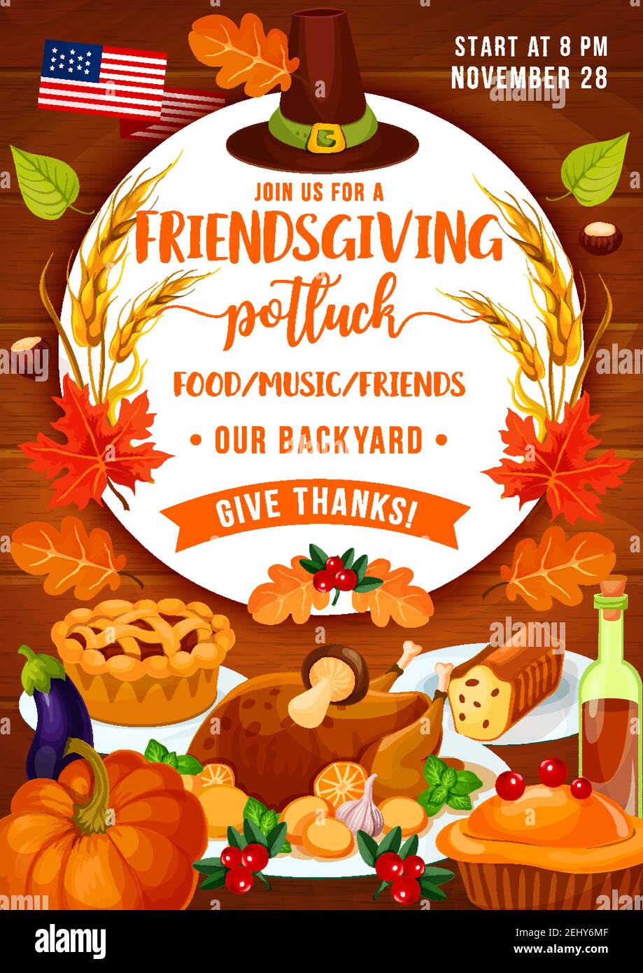 Thanksgiving holiday dinner and Friendsgiving potluck party. Vector ...
