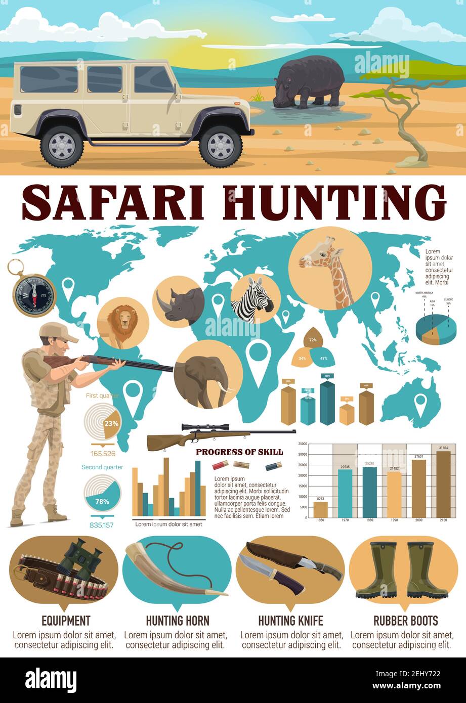 Safari hunting sport infographics. Vector hunter with weapon and lion ...