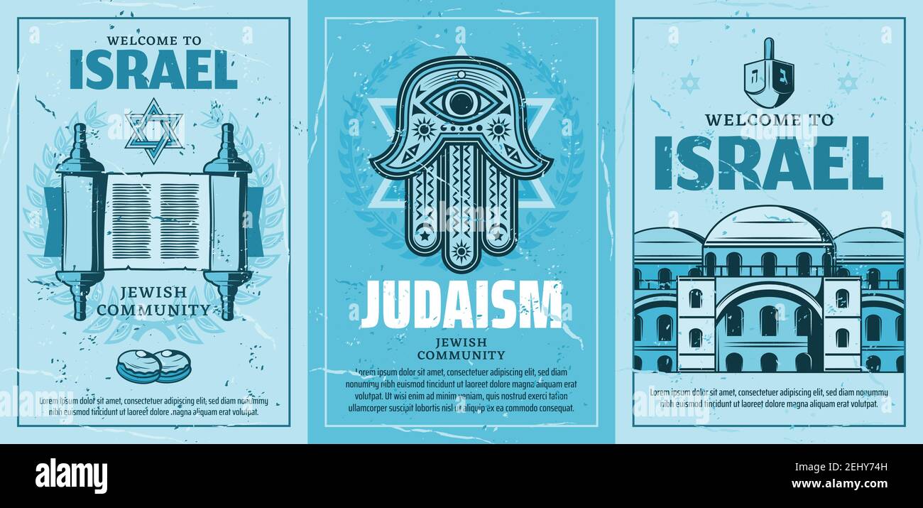 Travel to Israel posters with Judaism religion symbols. Star of David ...