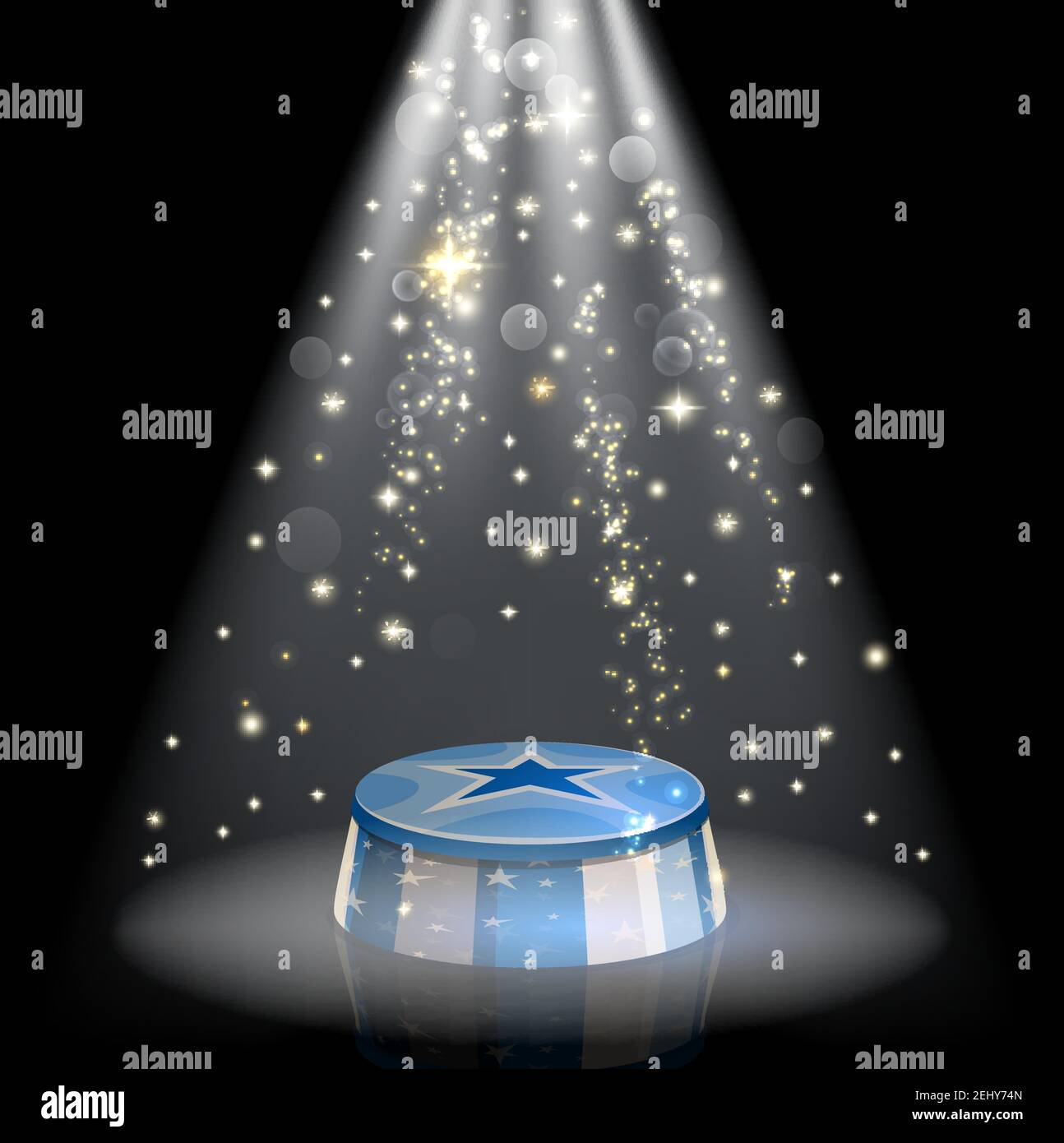 Circus show pedestal podium with sparkling star light or spotlight ...
