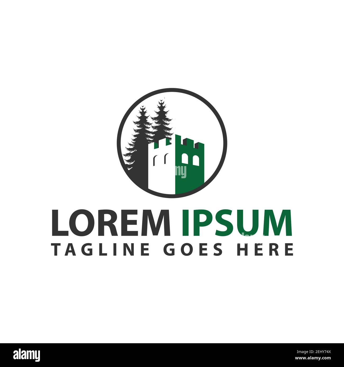 circle green trees and Castle Fortress logo vector design icon template ...