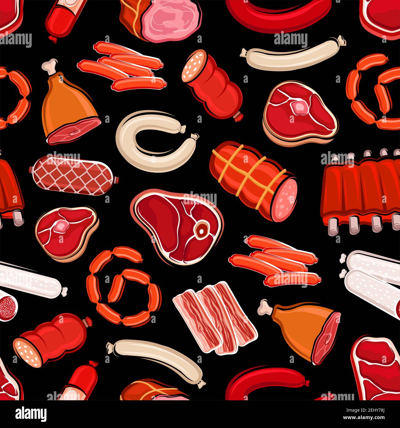Sausages and meat seamless pattern. Vector butchery shop food, beef and ...