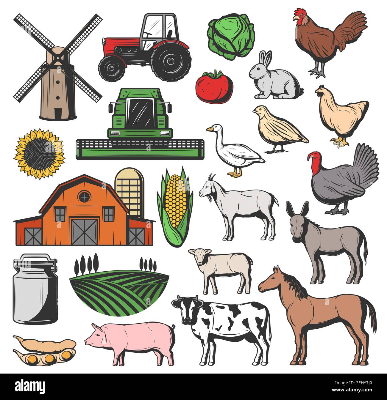 Farm cattle and agriculture farming icons. Vector isolated barn and ...