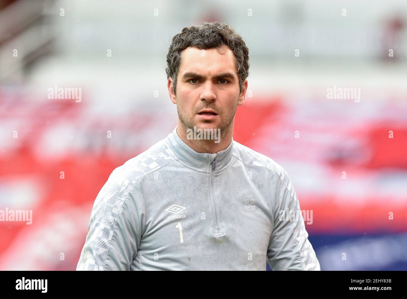 James Shea #1 of Luton Town during the warm up in , on 2/20/2021 ...