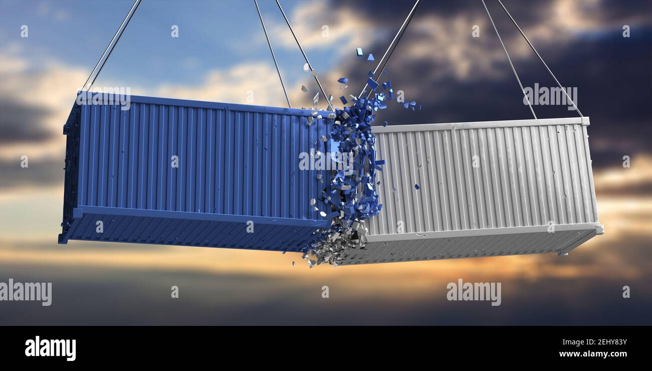 Cargo shipping containers crashed on cloudy sky at sunset background ...
