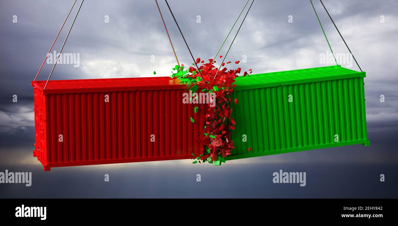 Cargo shipping containers accident on dark cloudy sky background ...