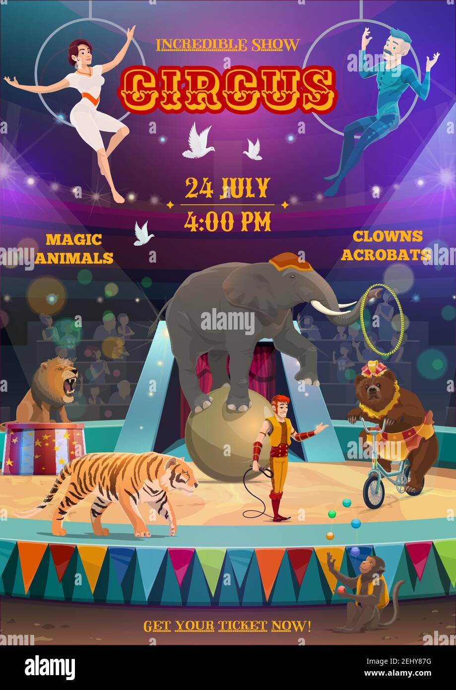Circus show poster with acrobats and animal trainer performing on arena ...