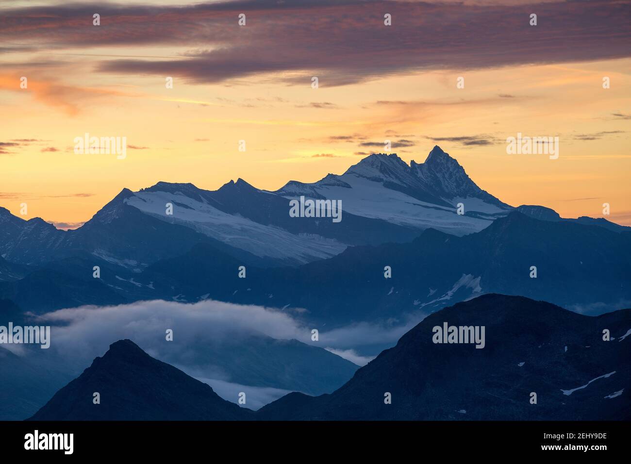 View on west side of Glockner group. Großglockner mountain peak ...