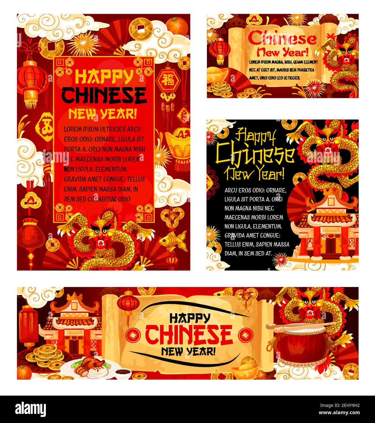 Happy Chinese New Year greeting cards and banners of China traditional ...