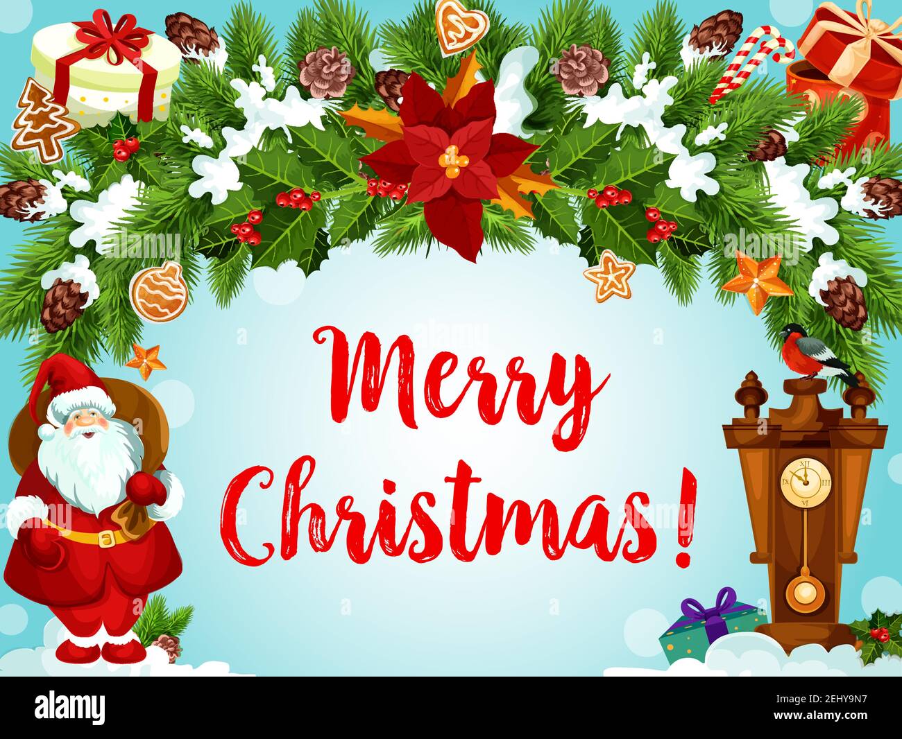 Merry Christmas Santa greeting card design template of gifts on Xmas ...
