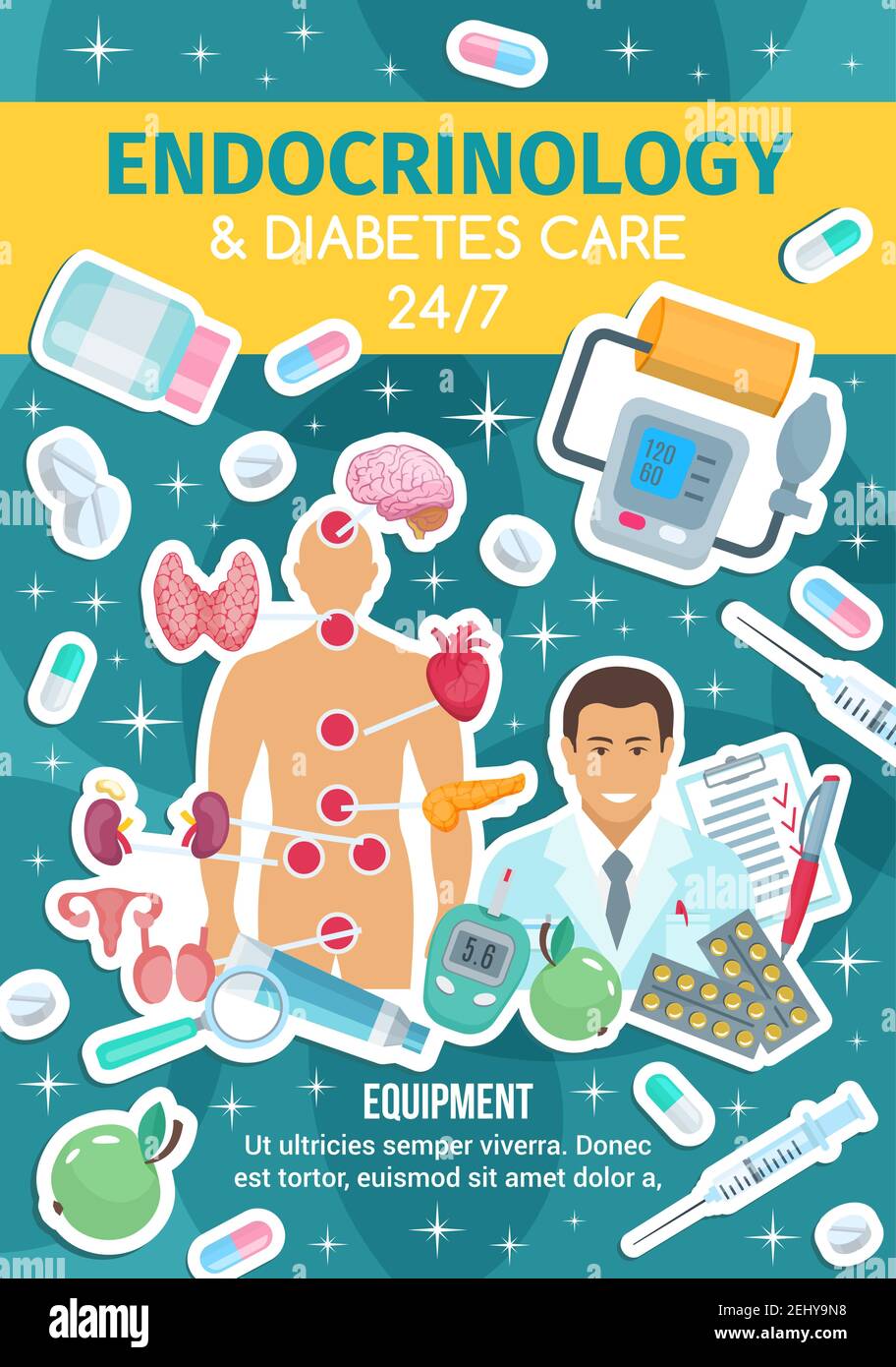 Endocrinology doctor and treatment. Vector organs and pills, syringe ...