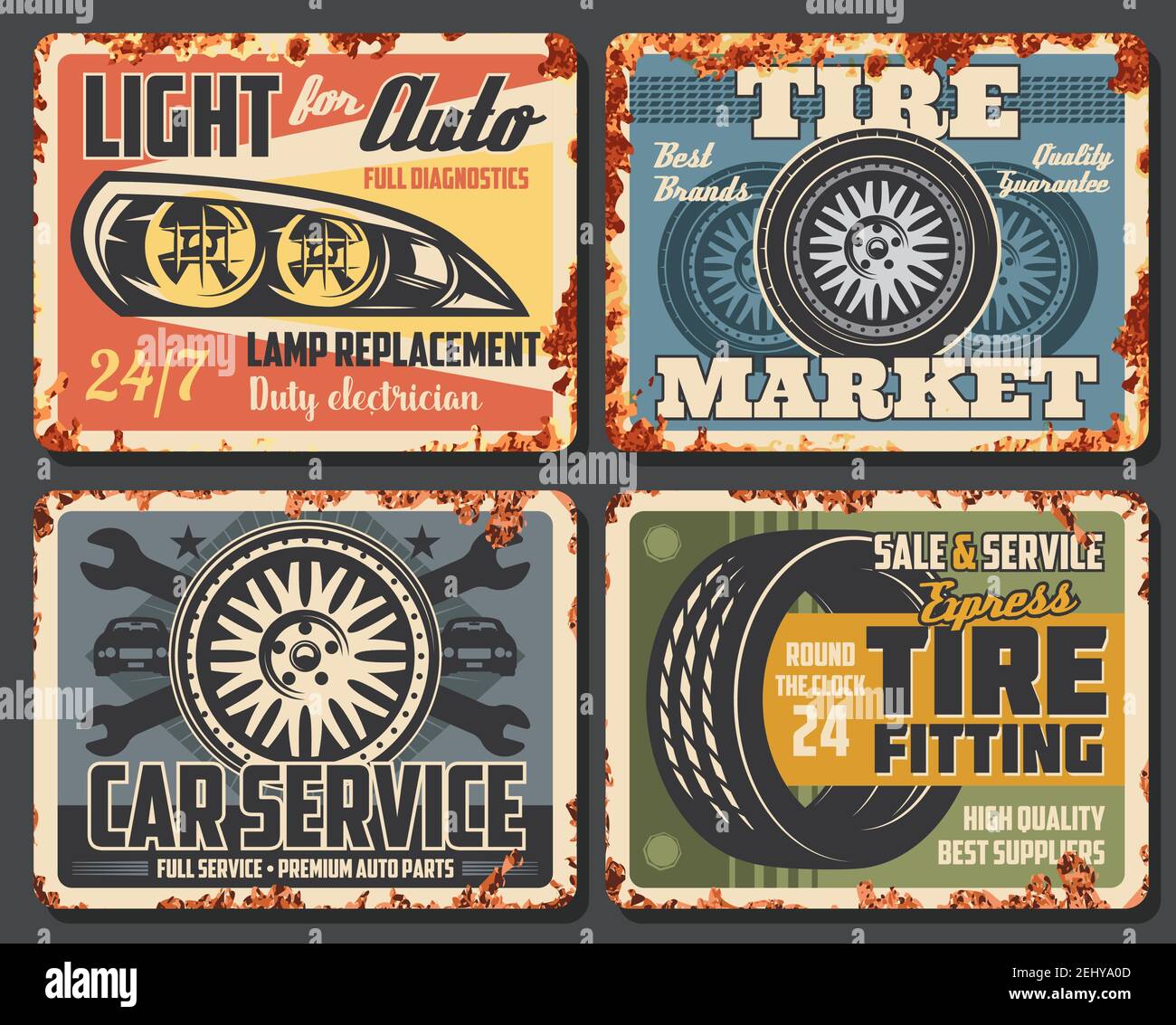 Car auto service station, mechanic garage rusty grunge plate posters ...