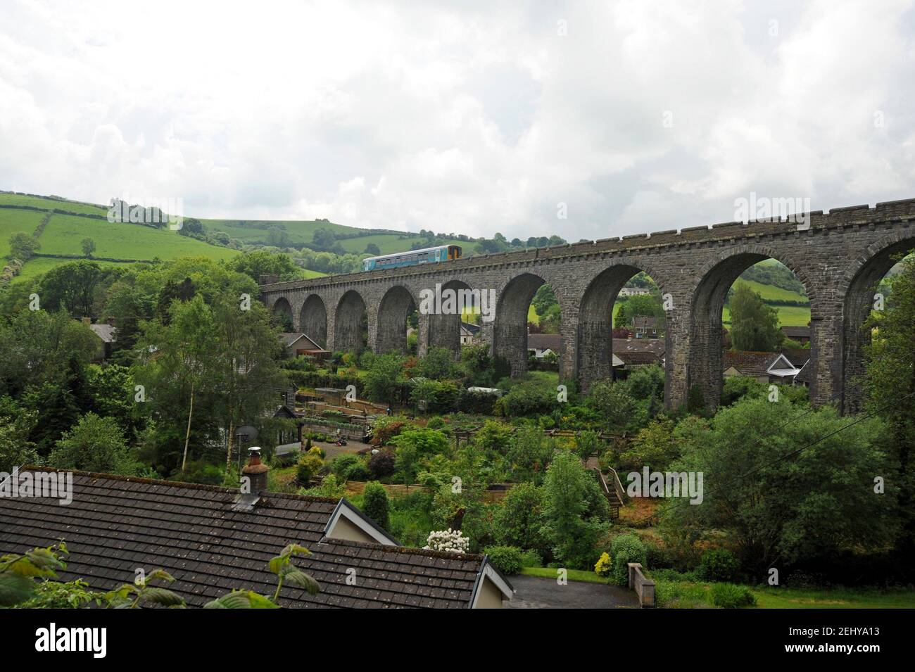 An Arriva Trains Class 153 DMU crosses the Knucklas viaduct on the ...