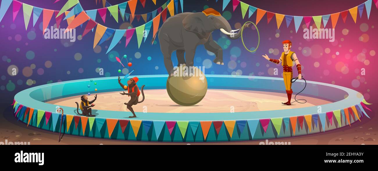 Circus trained wild animals show performance on arena. Vector big top ...
