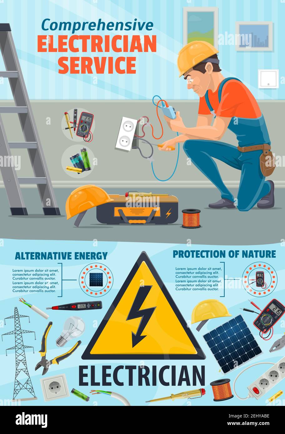 Electrician worker and electricity repair tools. Power repairing ...