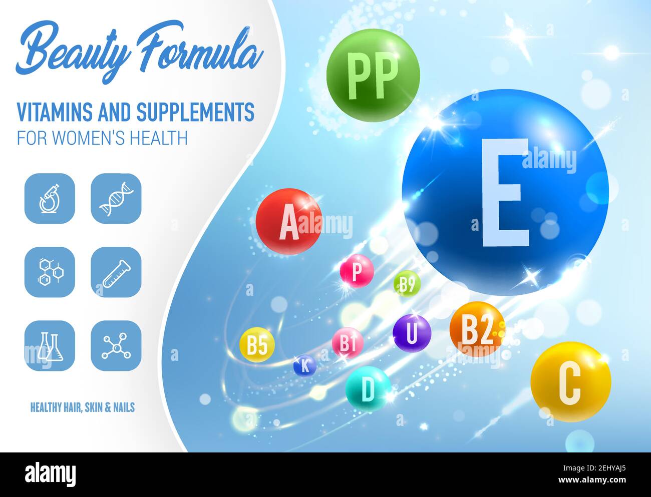 Health vitamins, minerals and dietary supplements poster. Vector woman ...