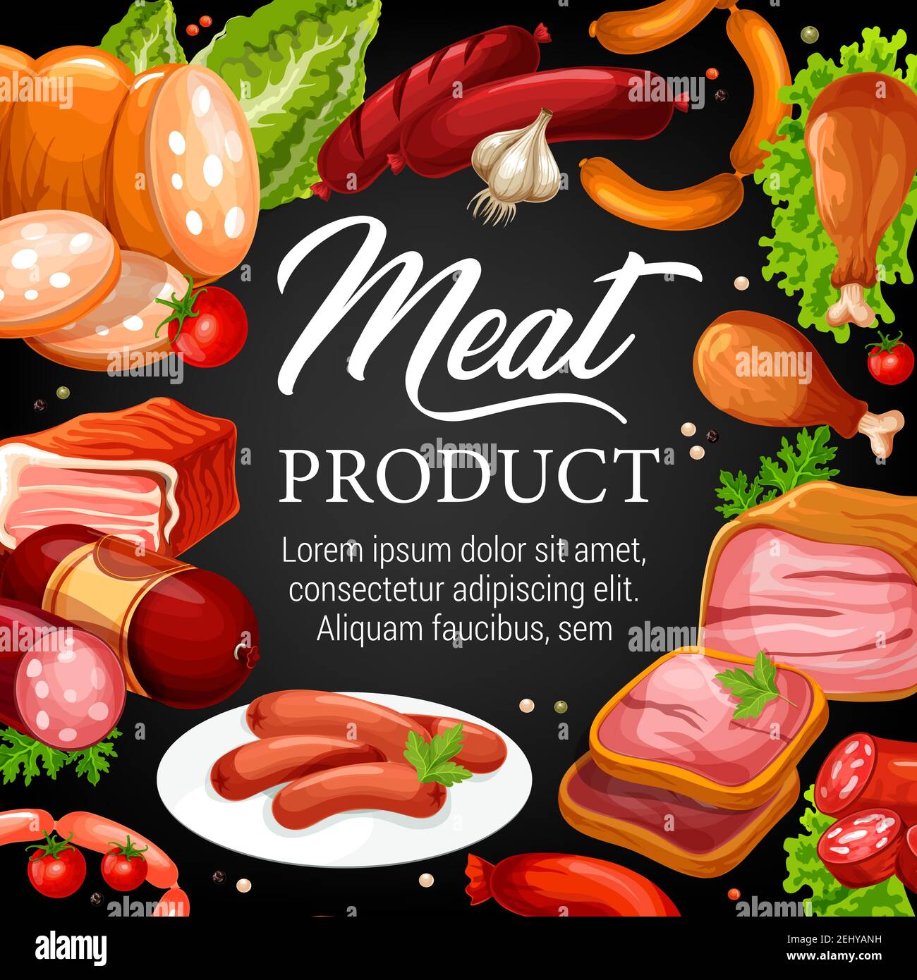 Meat food vector poster of beef and pork sausages, ham, salami and ...