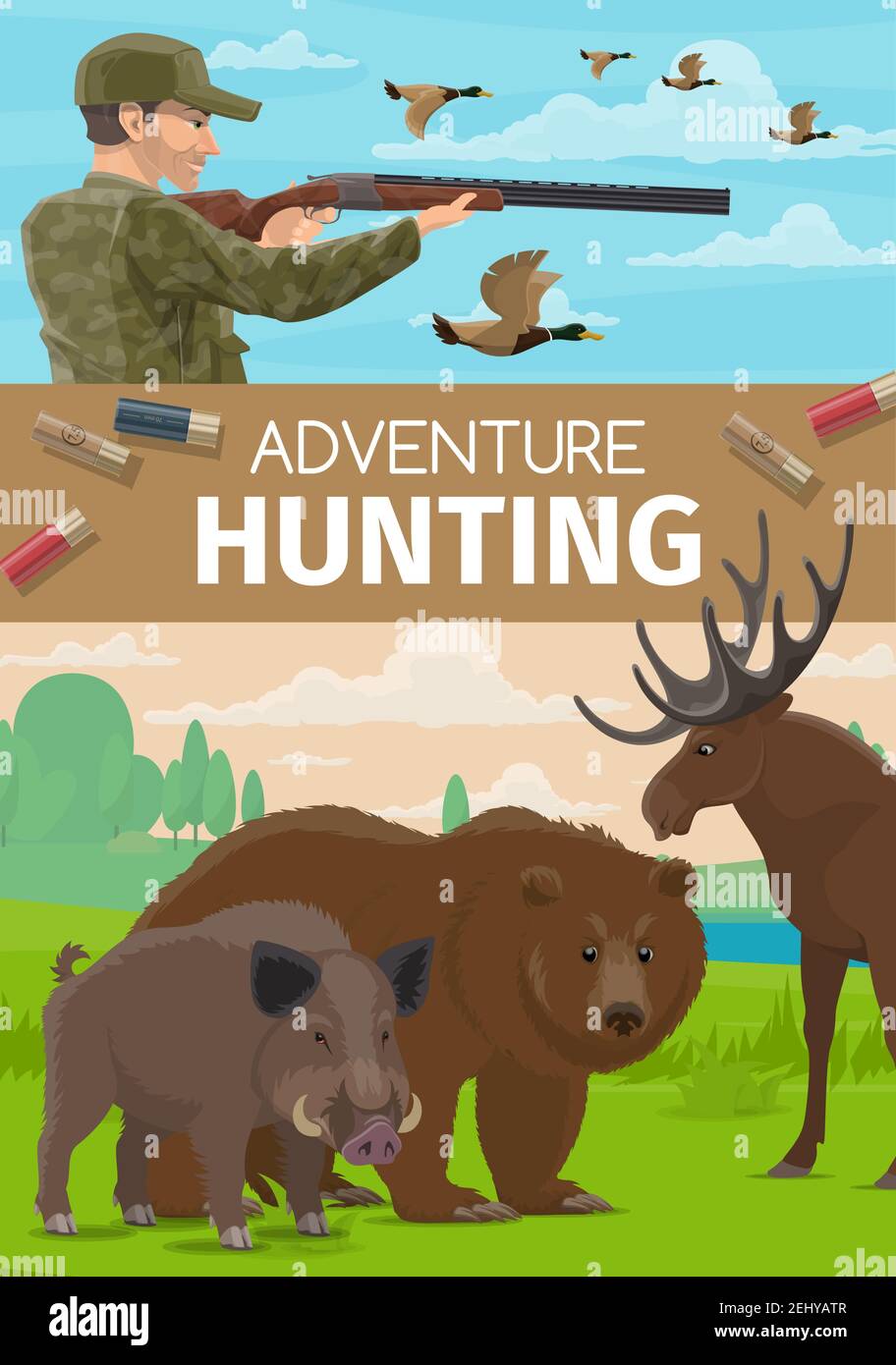 Hunter sport adventure and hunting open season poster. Vector outdoor ...
