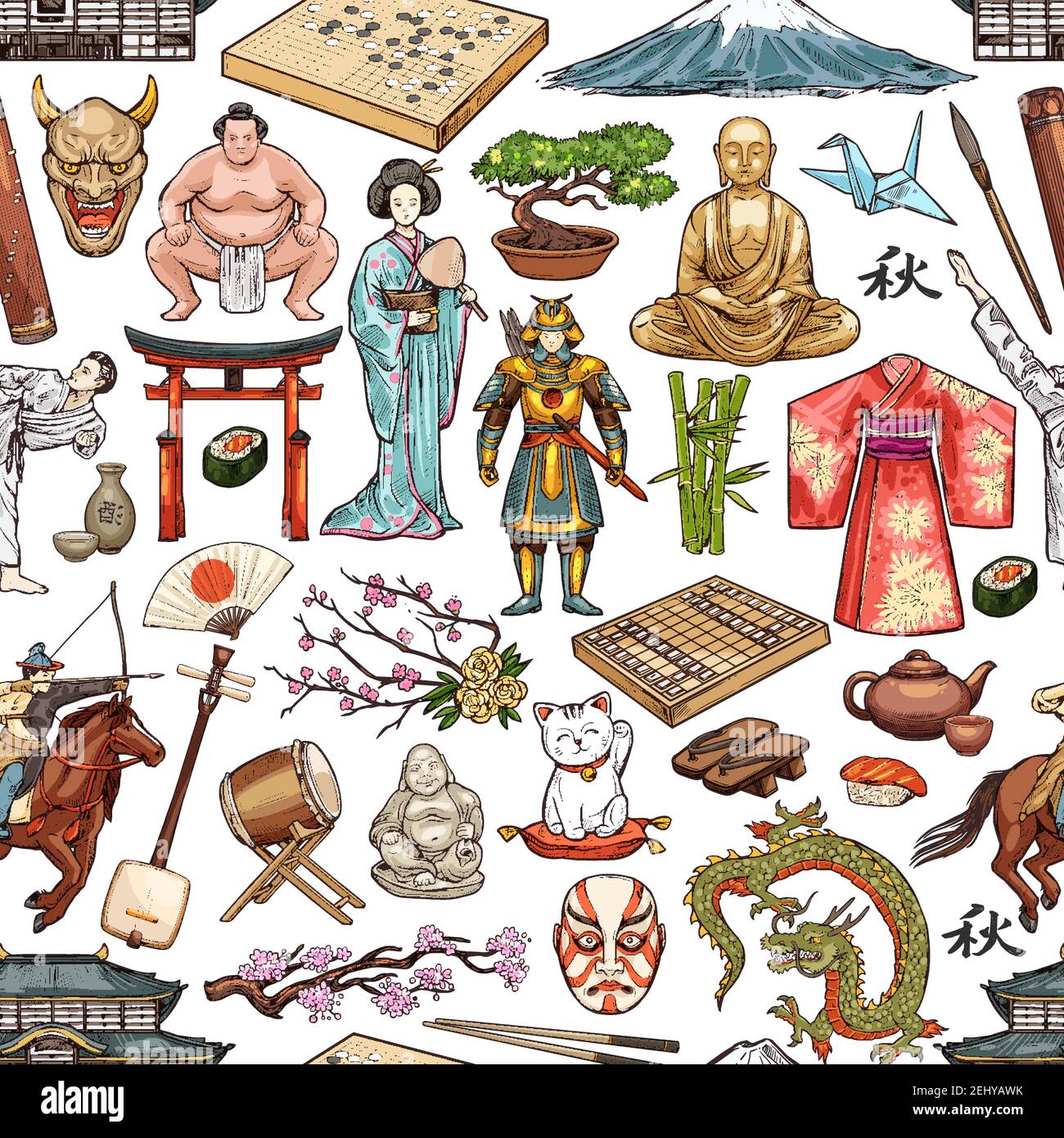 Japan culture seamless pattern of Japanese tradition symbols. Vector ...
