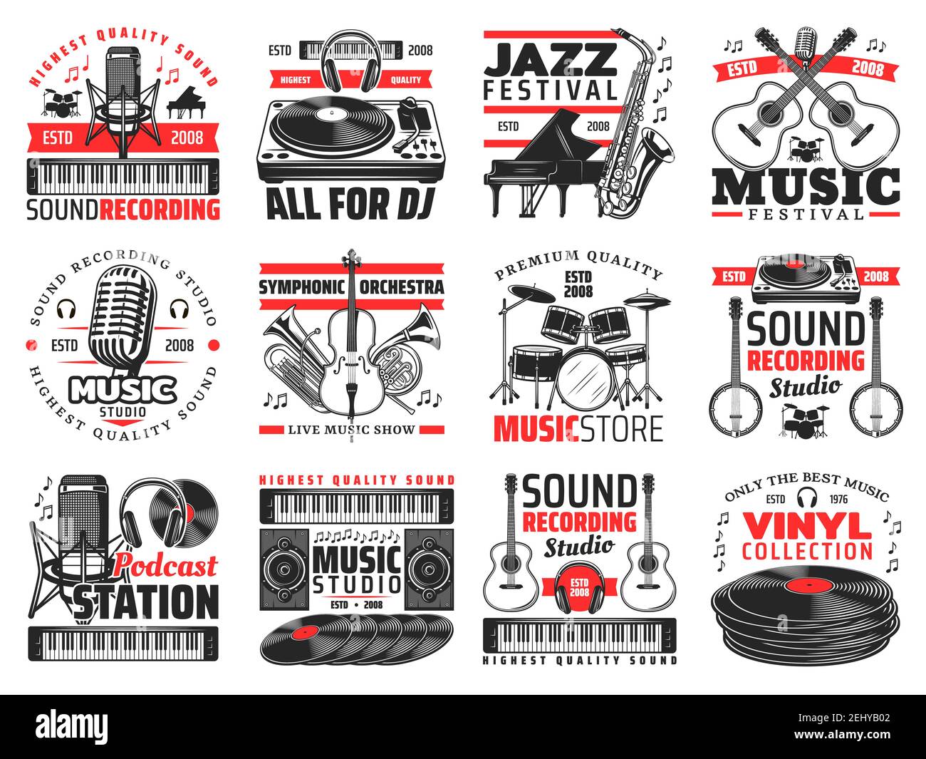 Musical instruments, sound recording studio icons. Vector microphone ...