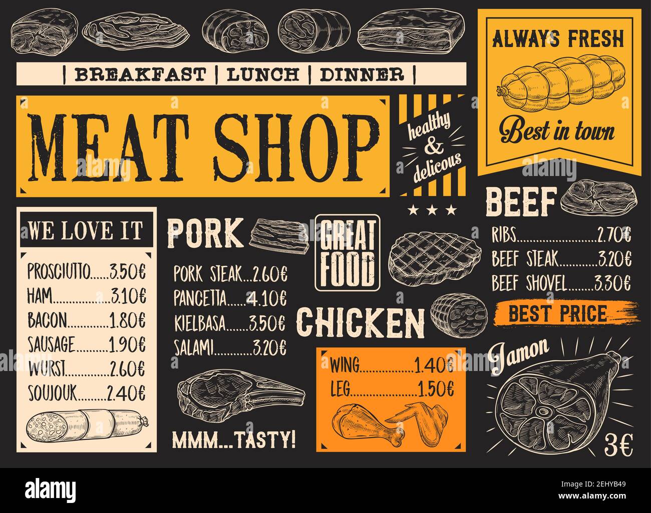 Meat product sketches on chalkboard. Vector beef steak and sausage, ham ...