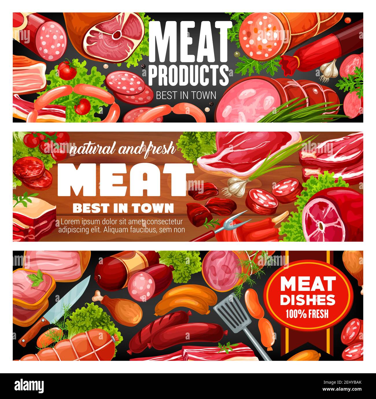 Meat products, sausage delicatessen and butchery gourmet gastronomy ...