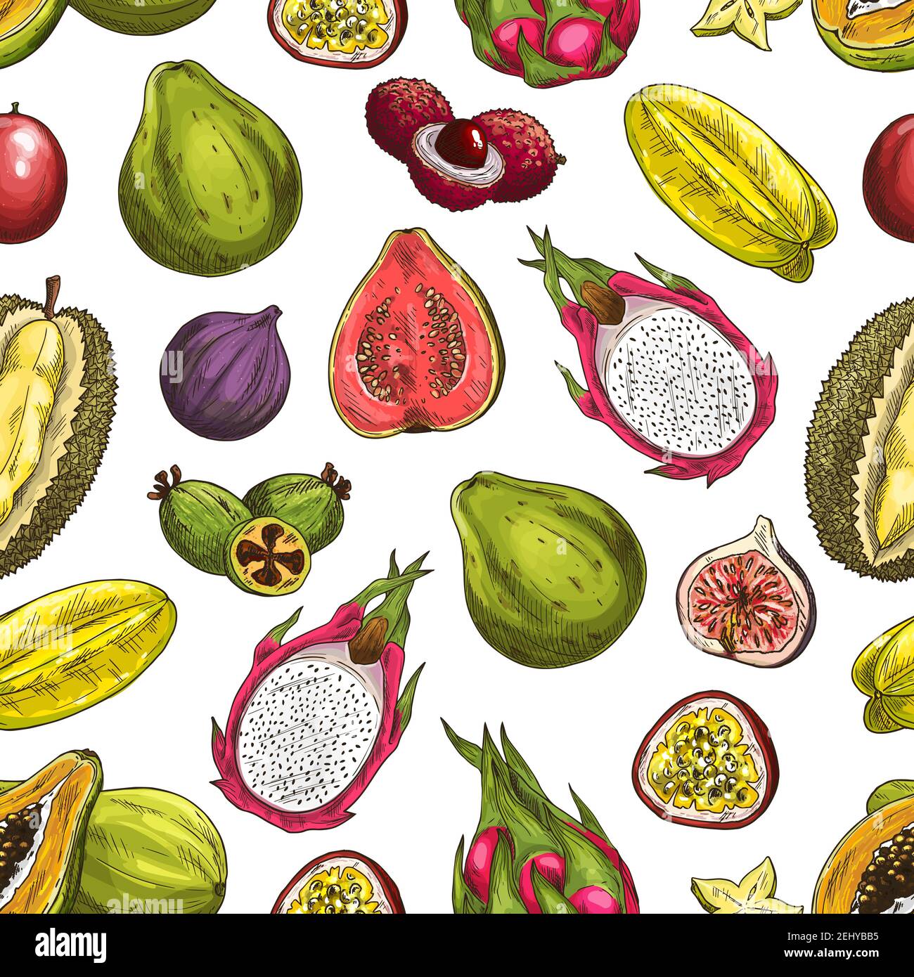Exotic fruits vector seamless pattern background with sliced tropical ...