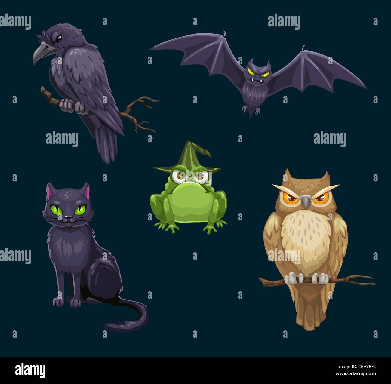 Halloween black cat of witch, bat and owl, scary horror crow, frog and ...