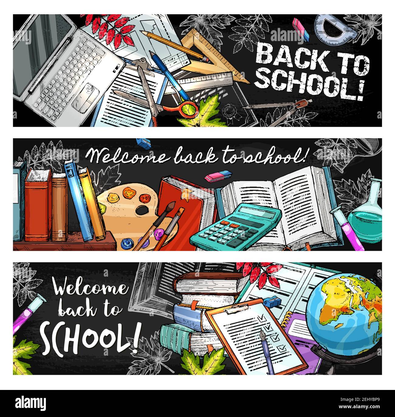 Welcome Back to School chalk sketch on blackboard banners. Vector ...