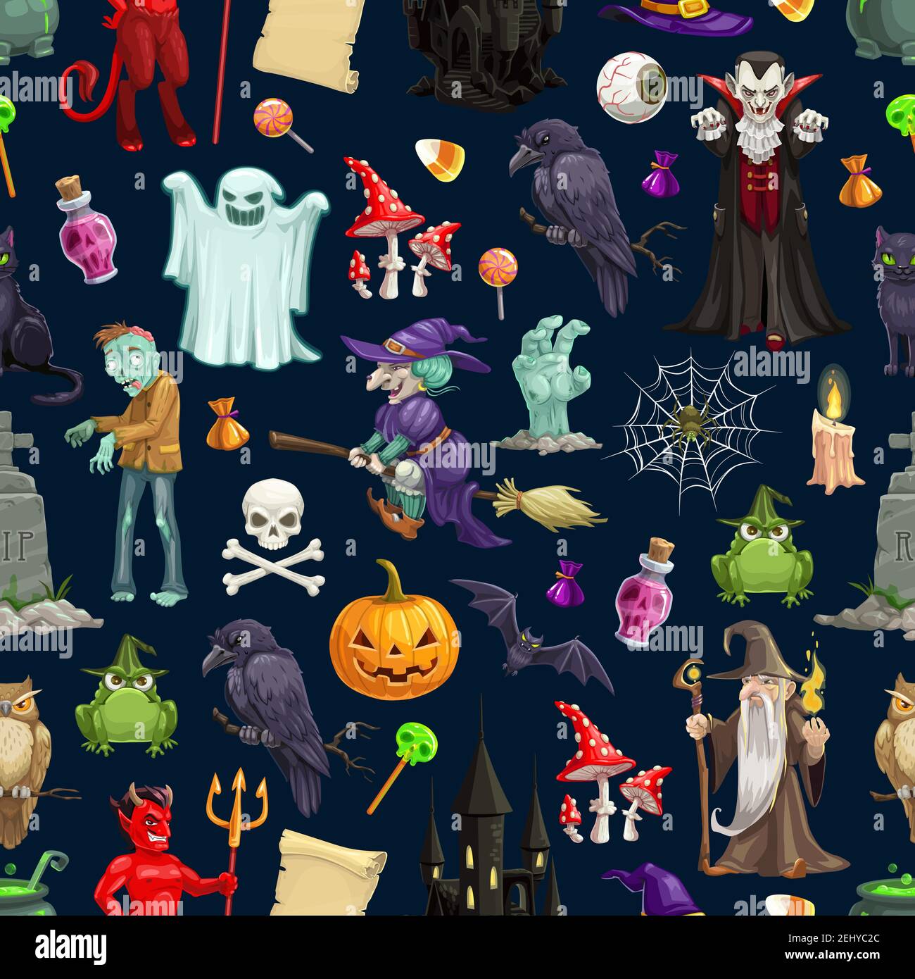 Halloween monsters vector seamless pattern. Happy Halloween holiday ...