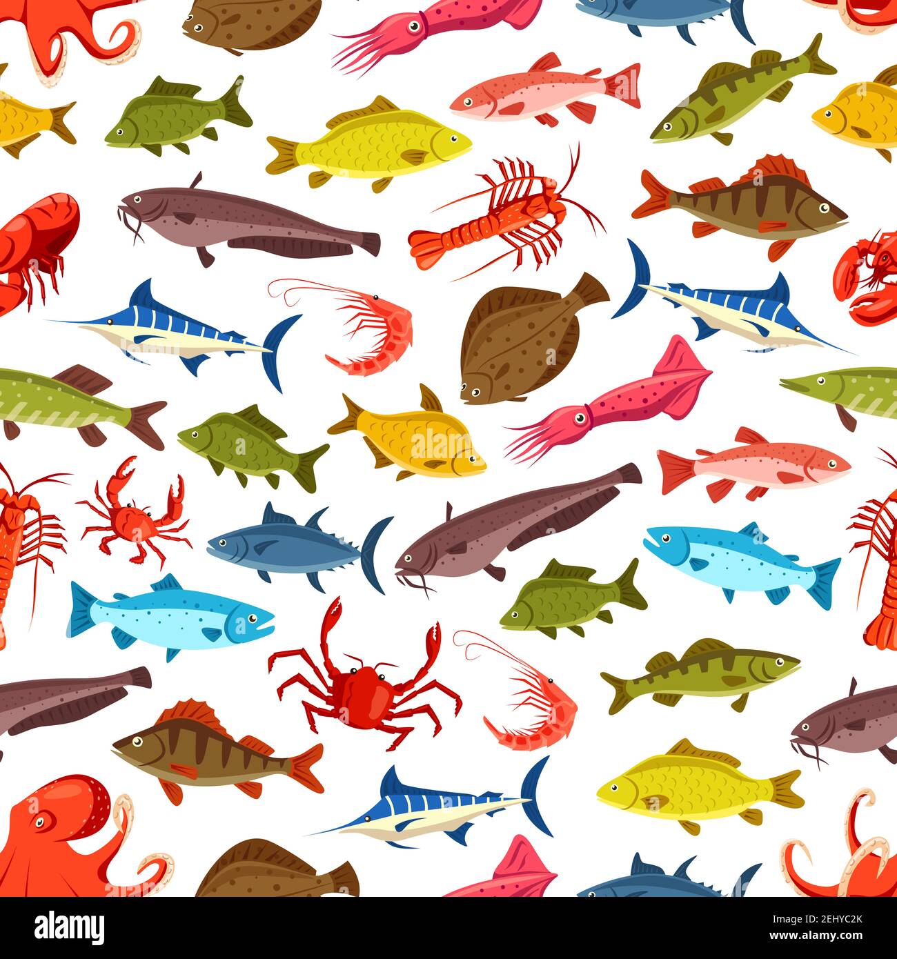Seafood and fish seamless cartoon pattern. Vector ocean and river ...