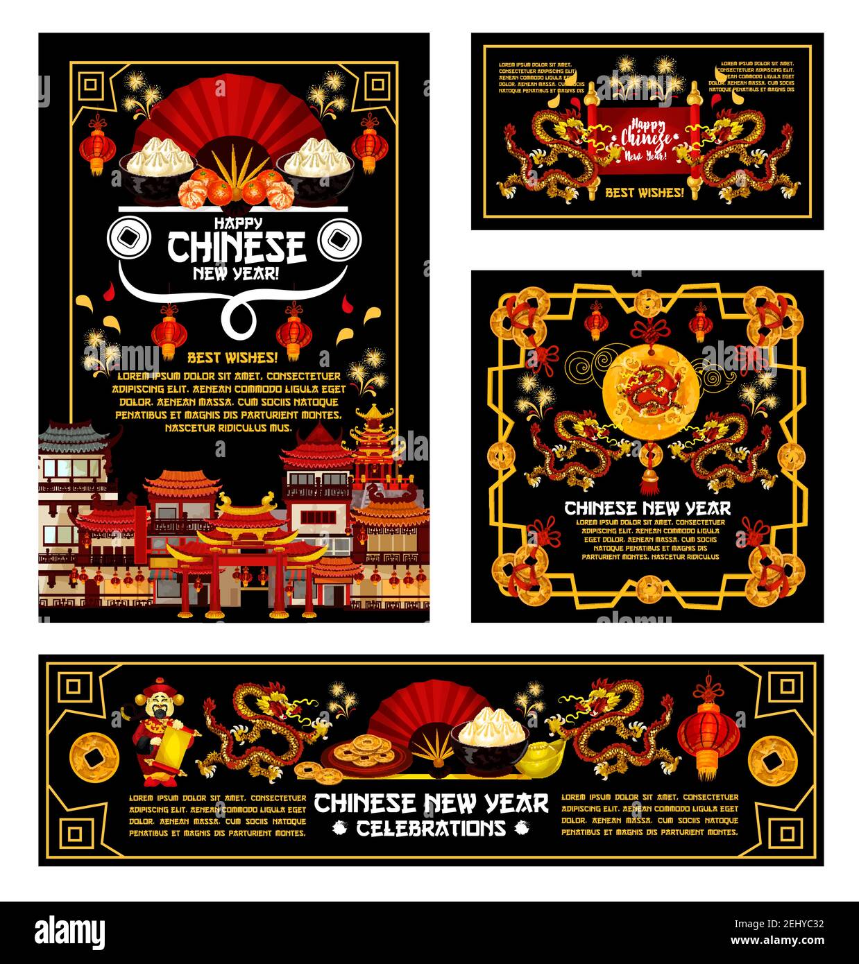 Chinese Lunar New Year greeting banner with dancing dragon. Pagoda with ...