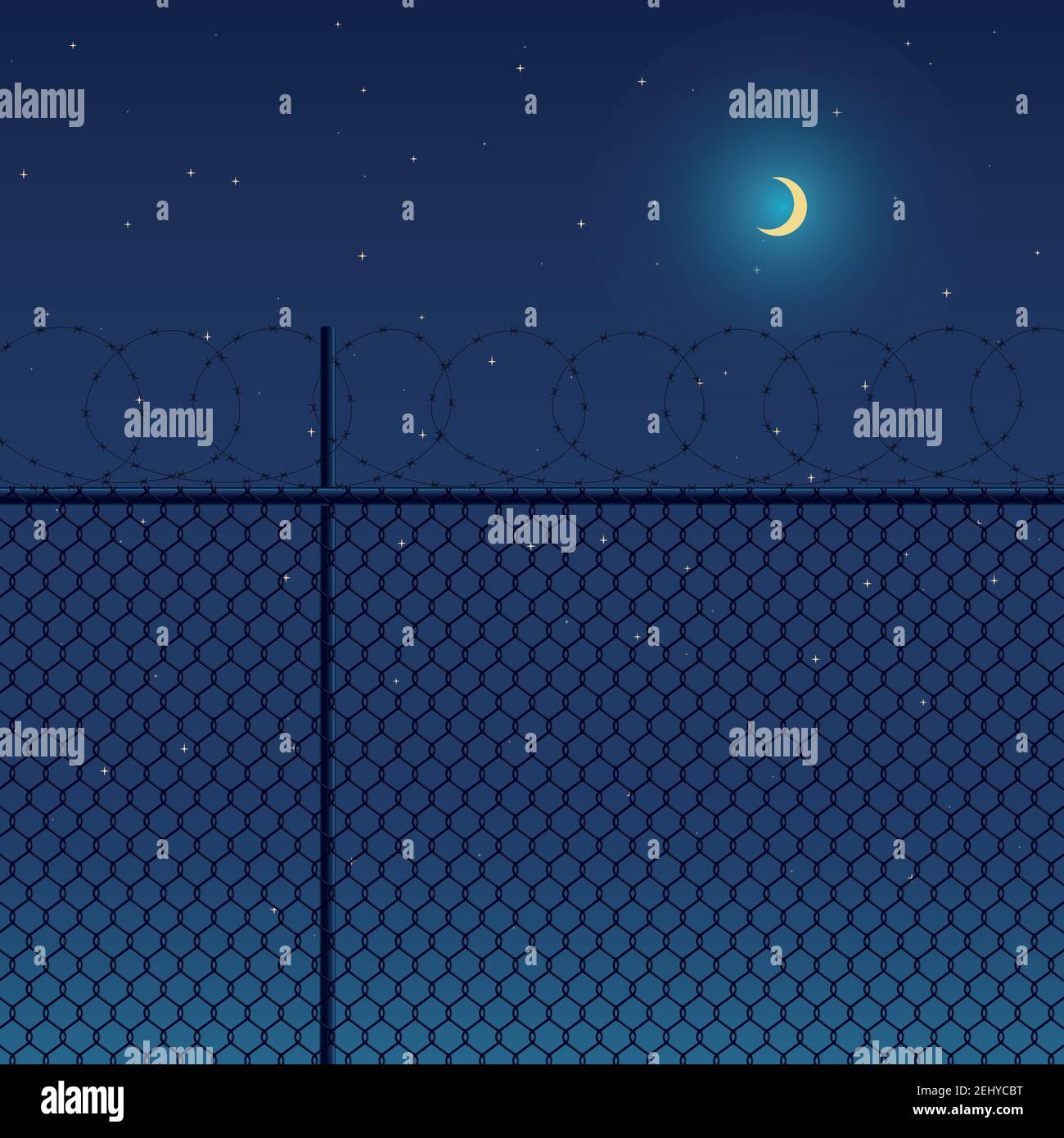 Metal fence with barbed wire against the background of the night sky ...